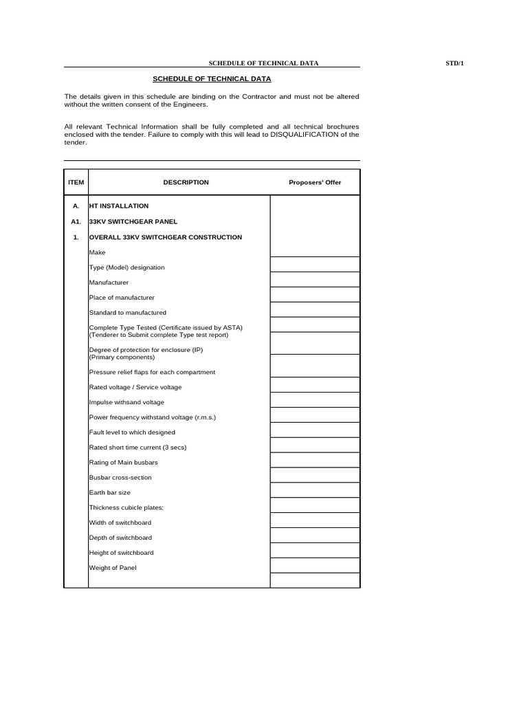 Technical Data Schedule for Electrical Equipment | PDF | Transformer ...