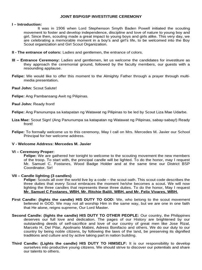 BSP GSP Investiture Program | PDF | Scouting | Boy Scouts Of America