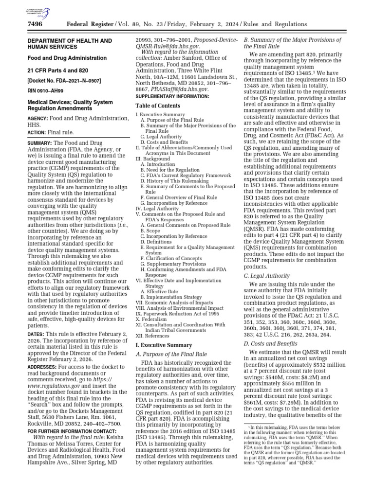 21 CFR 820 Final Rule | PDF | Quality Management System | Medical Device
