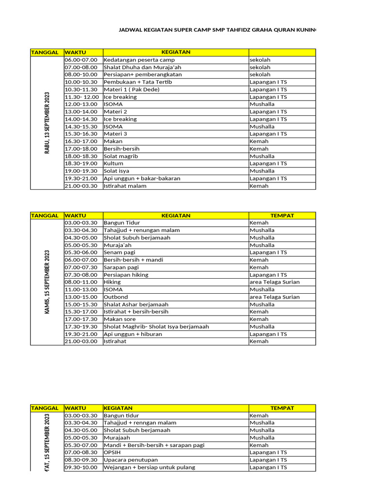 Jadwal Super Camp SMP Tahfidz 2023 | PDF