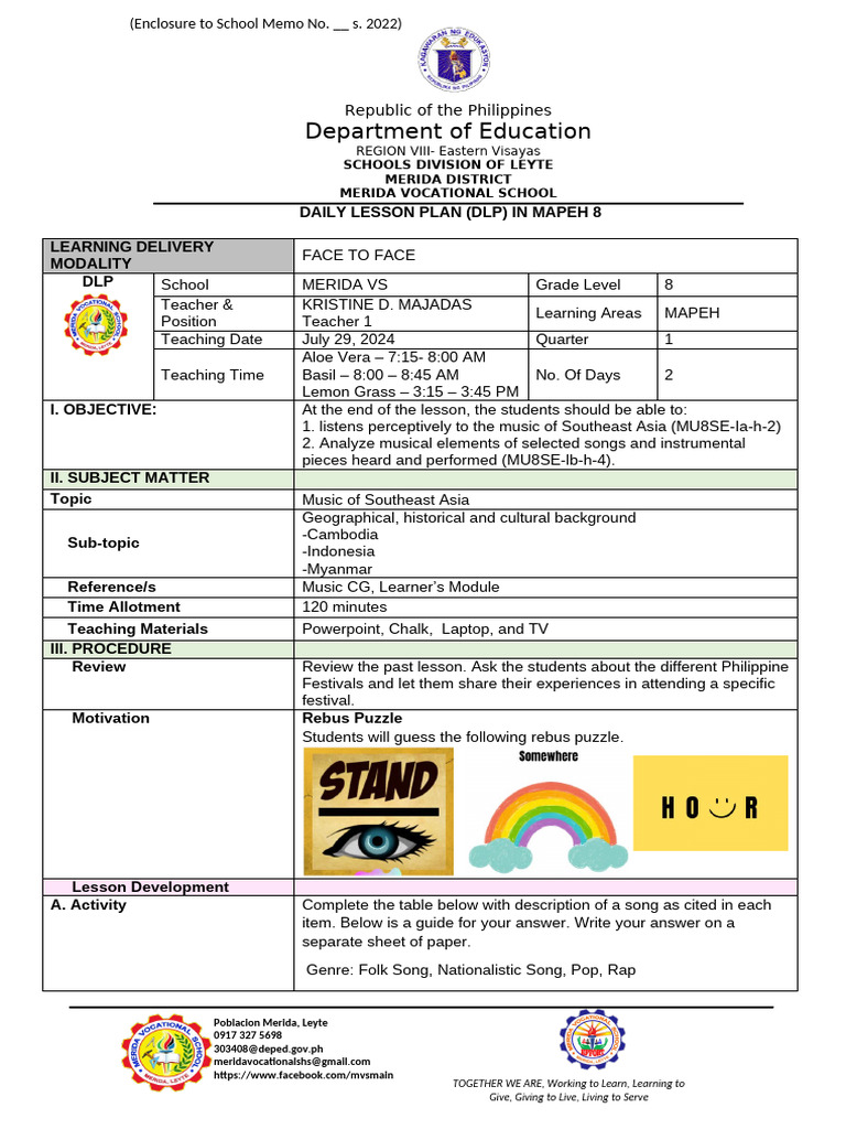 MAPEH 8 Daily Lesson Plan: Southeast Asia Music | PDF | Thailand ...