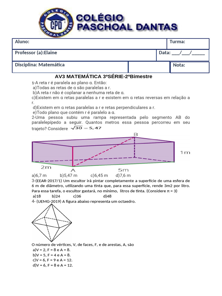 Prova de Matemática 3ª Série | PDF | Geometria Euclidiana