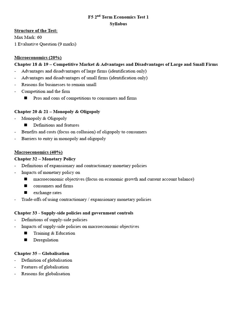 F5 2nd Term Economics Test 1 Syllabus | PDF | Business