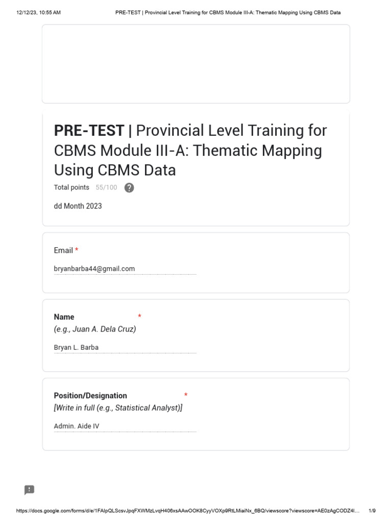 PRE-TEST - Provincial Level Training For CBMS Module III-A - Thematic ...