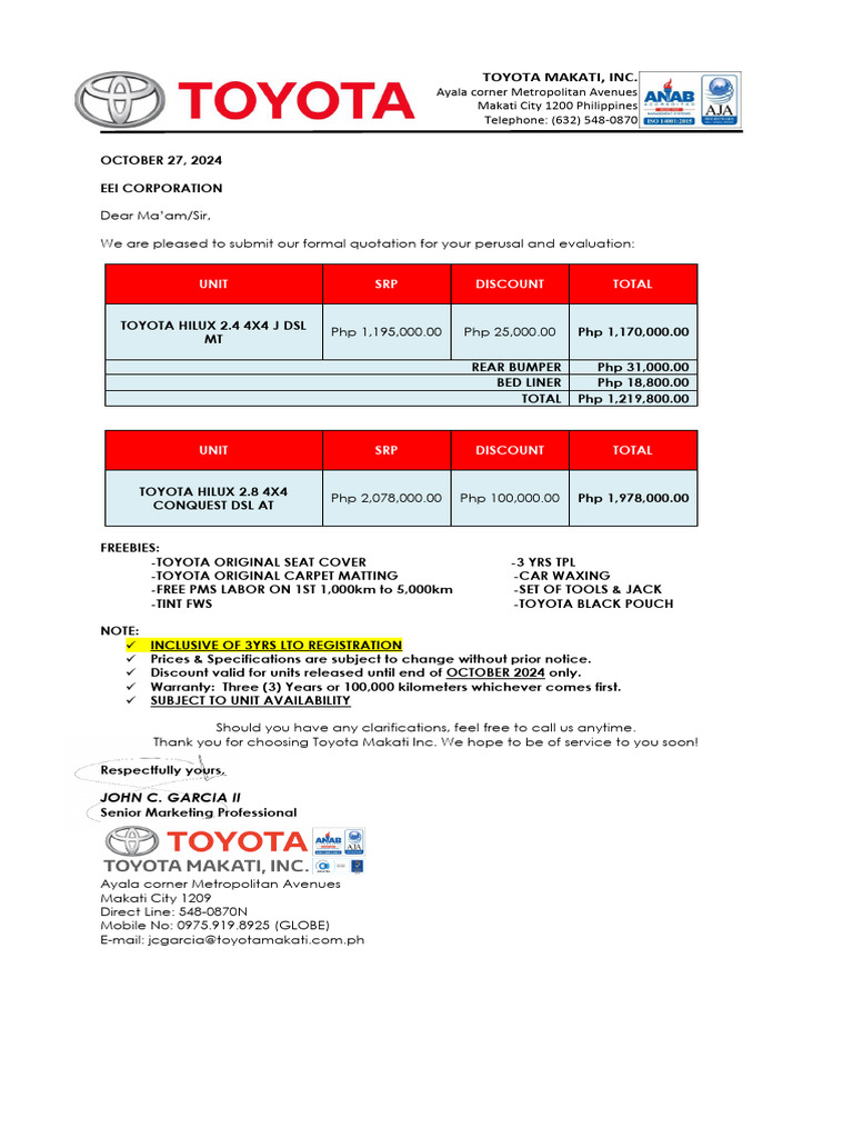 Sample Quotation - Toyota Hilux | PDF