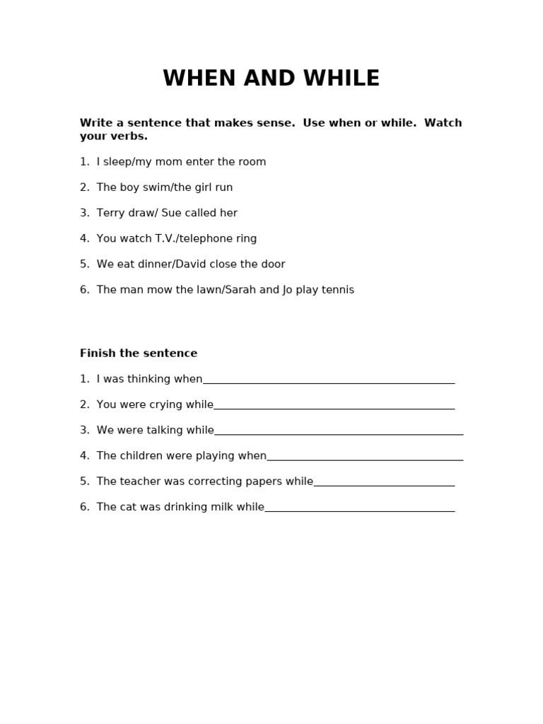 "When vs While: Sentence Practice" | PDF