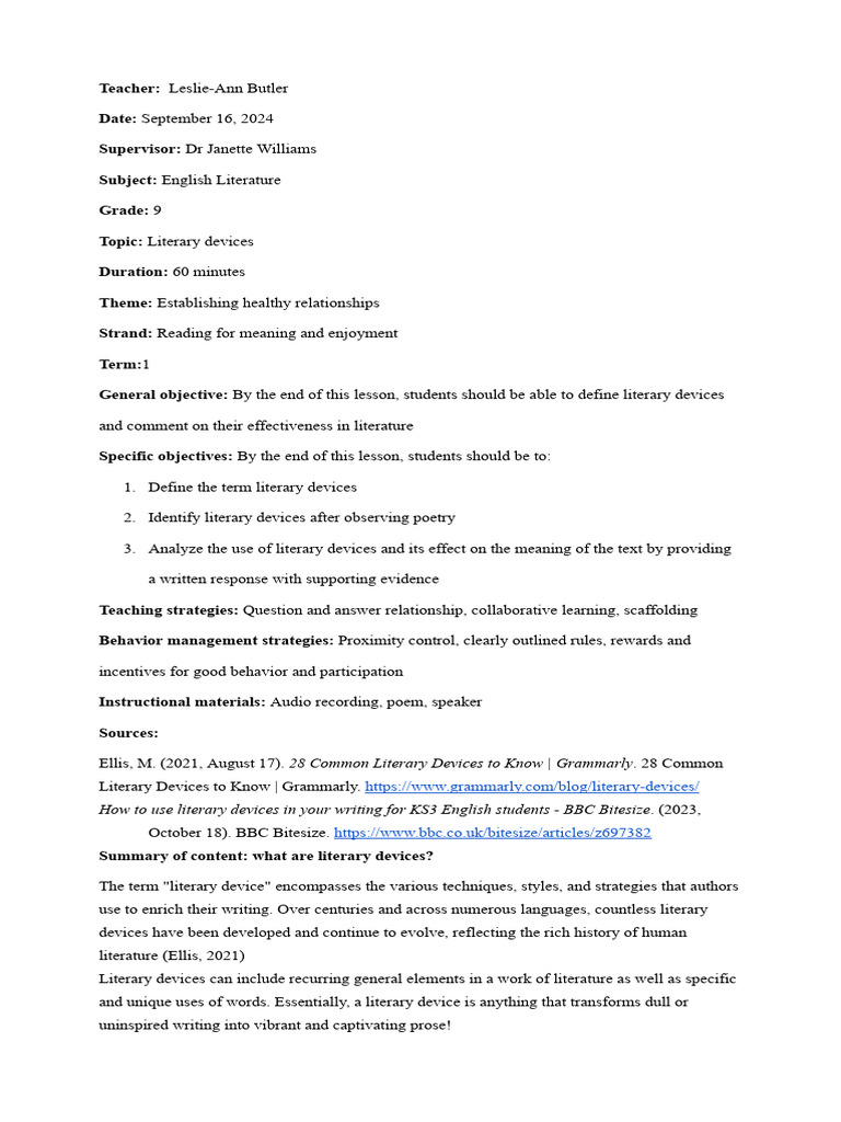 Reflection and Plan 2k Lit Devices Sept 16 | PDF | Vocabulary | Thought