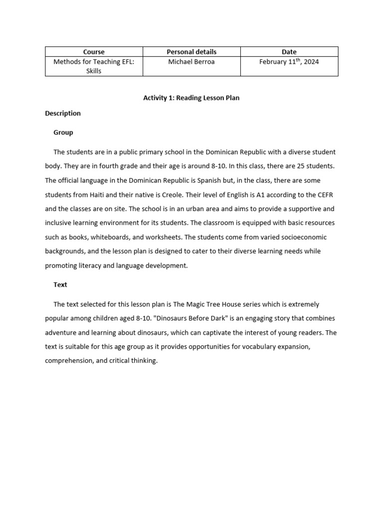 Activity 1 Reading Lesson Plan | PDF | Reading Comprehension | Lesson Plan