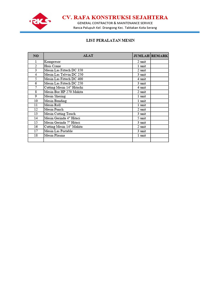 10.2 List Peralatan Mesin | PDF