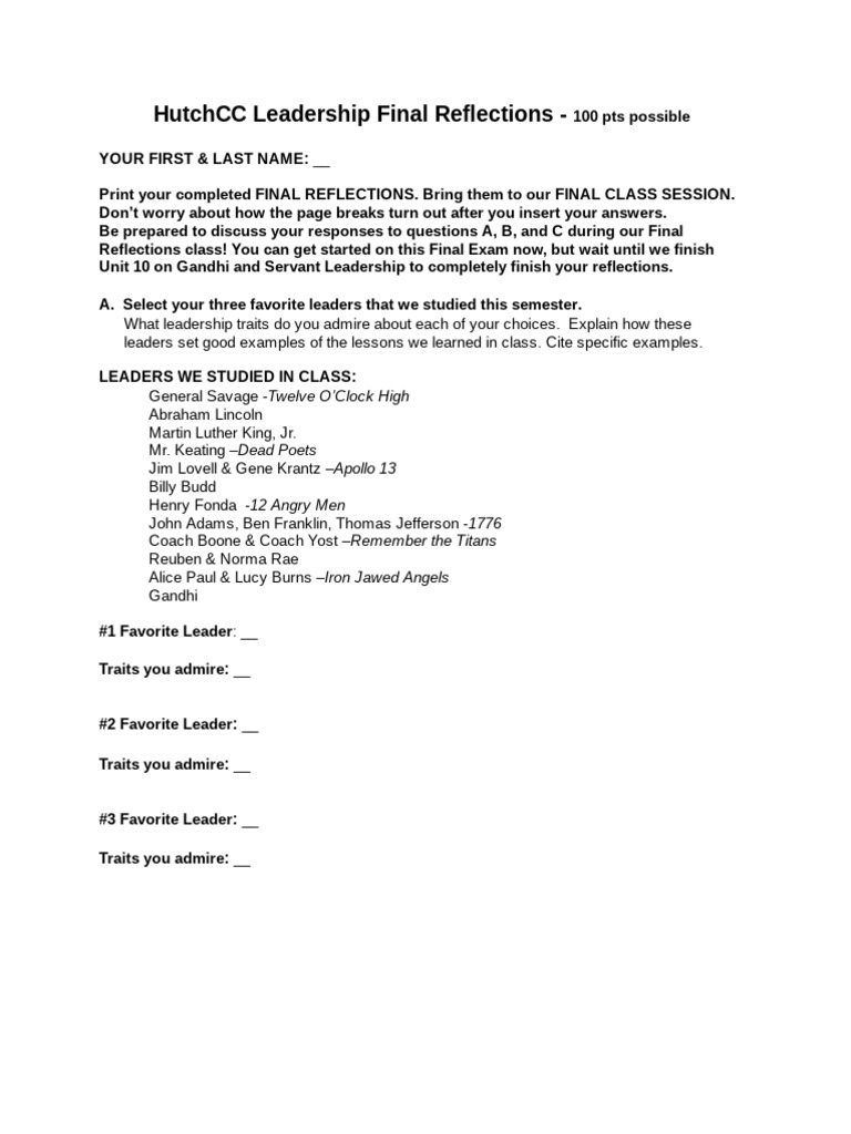 Leadership Final Reflections Guide | PDF | Leadership | Psychology