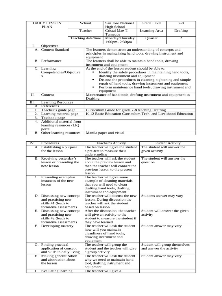 DAILY LESSON PLAN Ni Cristal | PDF | Teachers | Curriculum