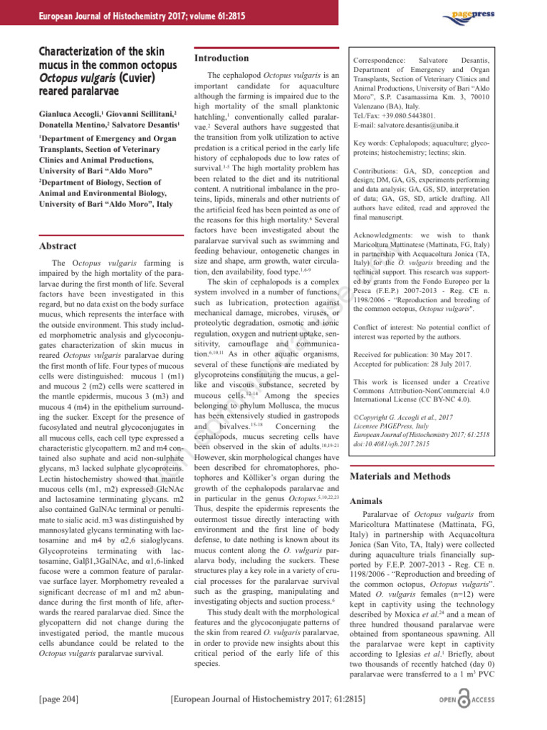 Characterization of The Skin Mucus in The Common o | PDF | Mucus | Octopus