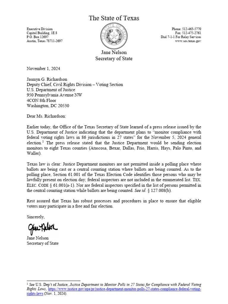 Texas Secretary of State Letter To U.S. Department of Justice 11.1.24 | PDF
