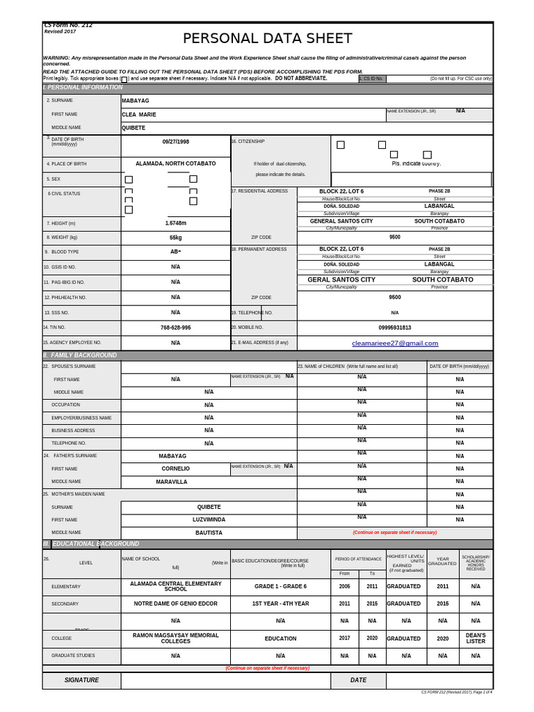 Personal Data Sheet Guide | PDF | Justice | Crime & Violence