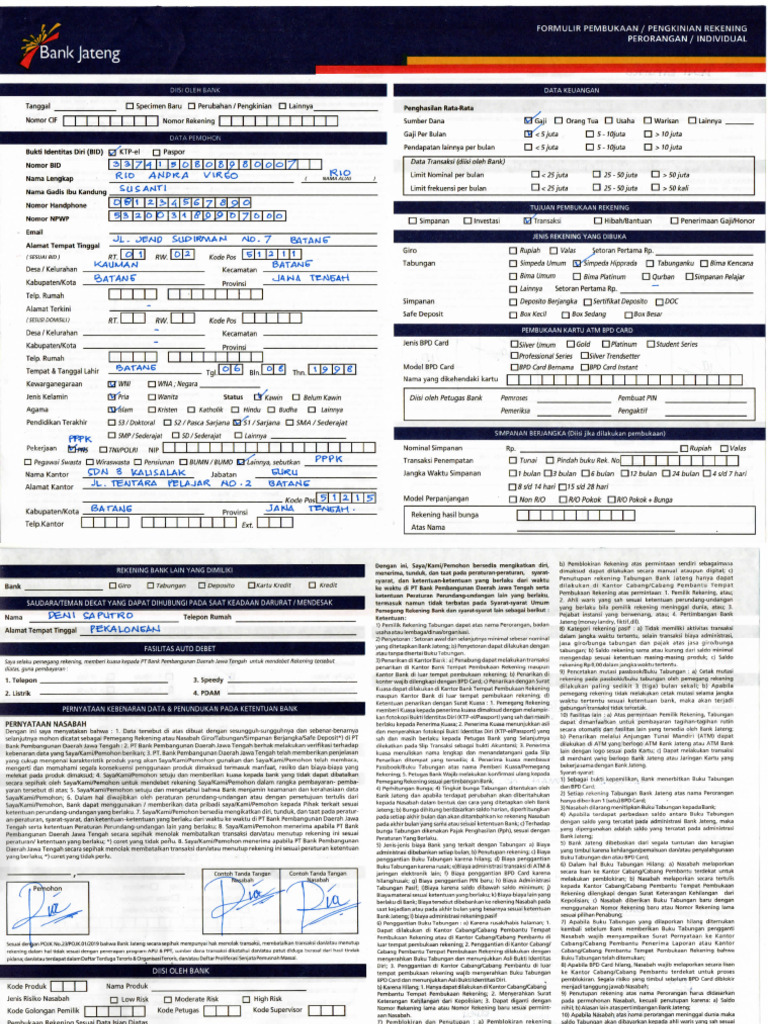 Contoh Pengisian Pembukaan Rekening Baru | PDF