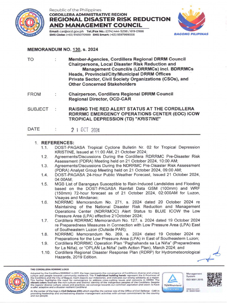 Cordillera RDRRMC Memorandum No. 130, S. 2024 - Raising of EOC Alert ...