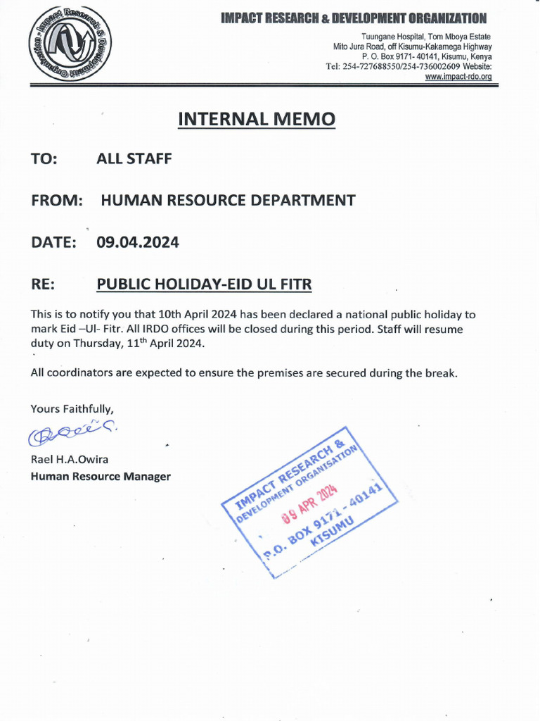 Memo - Eid Ul Fitr - 2024 | PDF