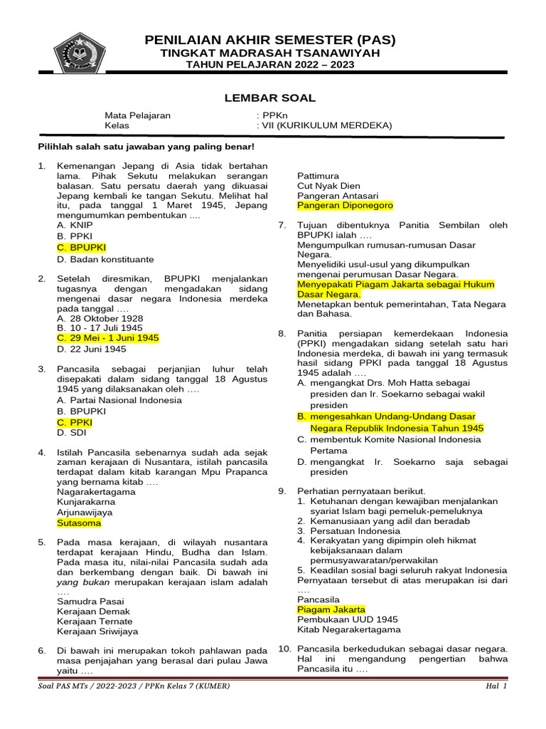 Soal Pas PKN Kelas 7 Kumer 2022-2023 | PDF