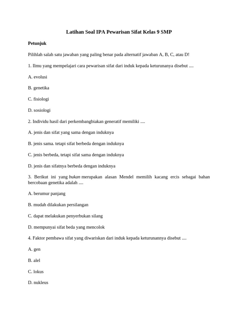 Latihan Soal IPA Pewarisan Sifat Kelas 9 SMP MTs K13 | PDF