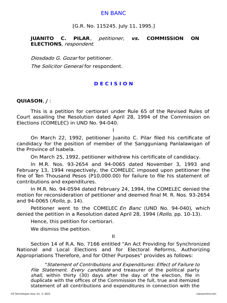 Pilar v. COMELEC | PDF | Elections | Commission On Elections (Philippines)