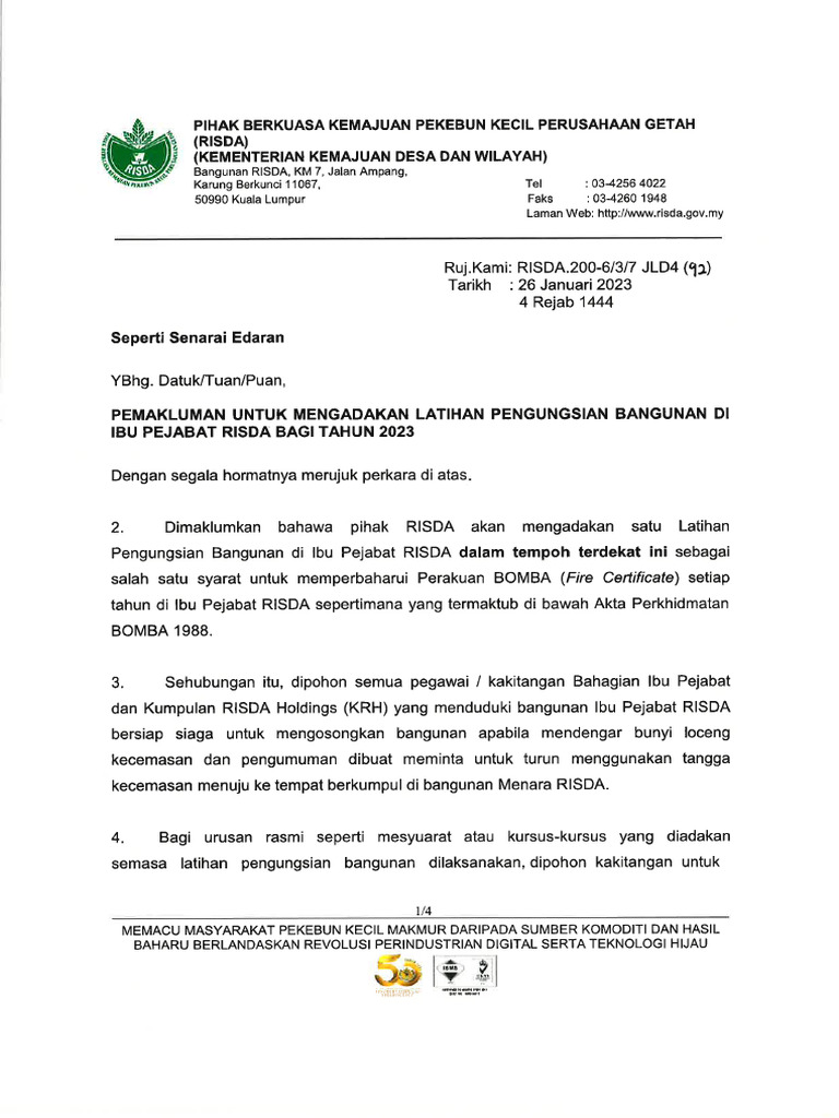 Pemakluman Untuk Mengadakan Latihan Pengungsian Bangunan Di Ibu Pejabat ...