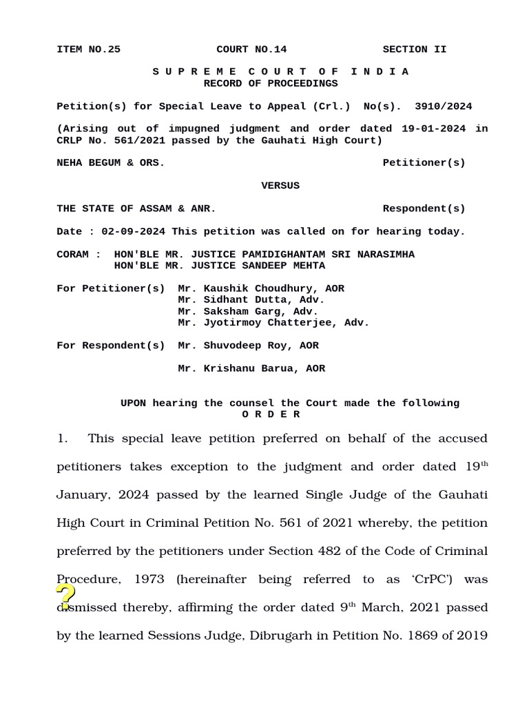 SC - Neha Begum Vs State of Assam 02 Sep 2024 | PDF | Judgment (Law ...