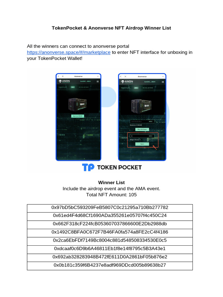 TokenPocket & Anonverse NFT Airdrop Winner List | PDF