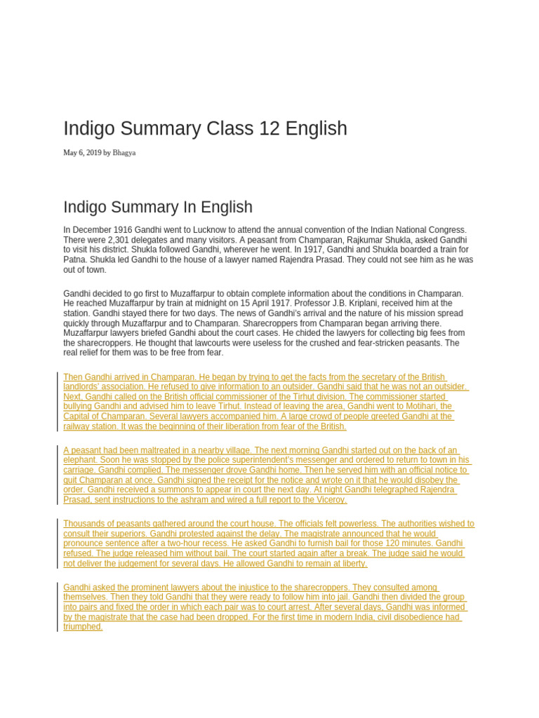 Indigo Summary Class 12 English | PDF | Mahatma Gandhi