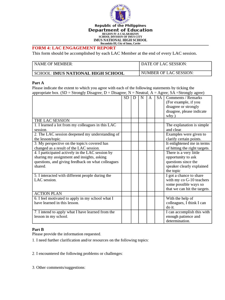 FORM 4 LAC ENGAGEMENT REPORT REFLECTION JOURNAL Template | PDF ...