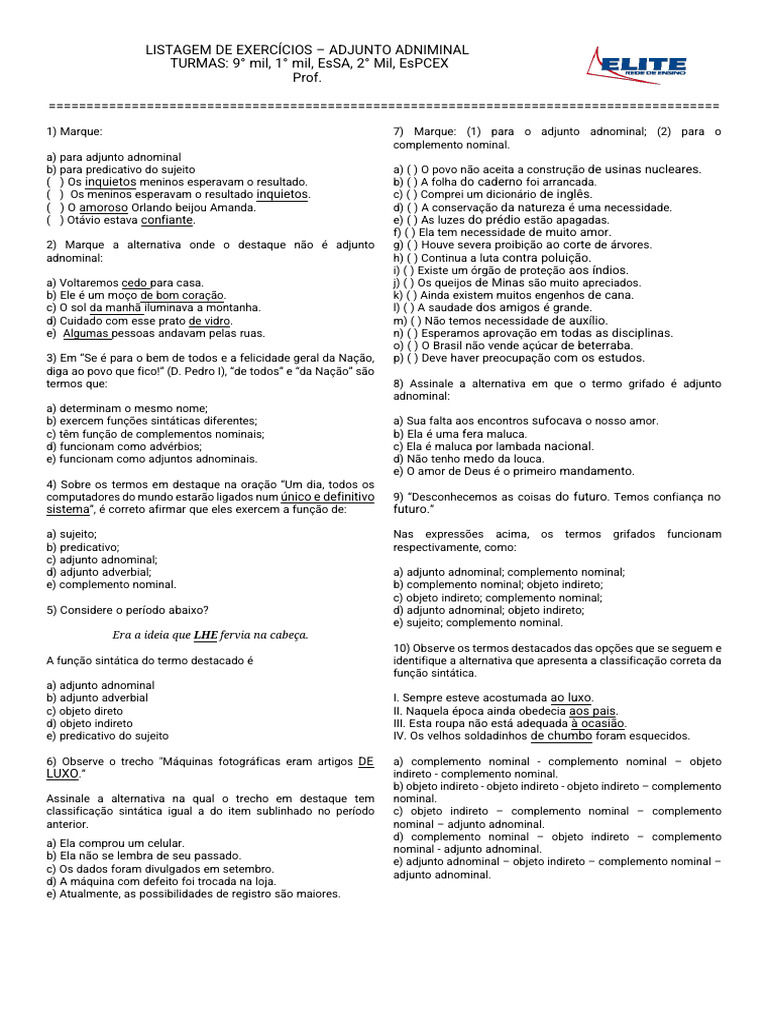Exercícios sobre Adjunto Adnominal | PDF