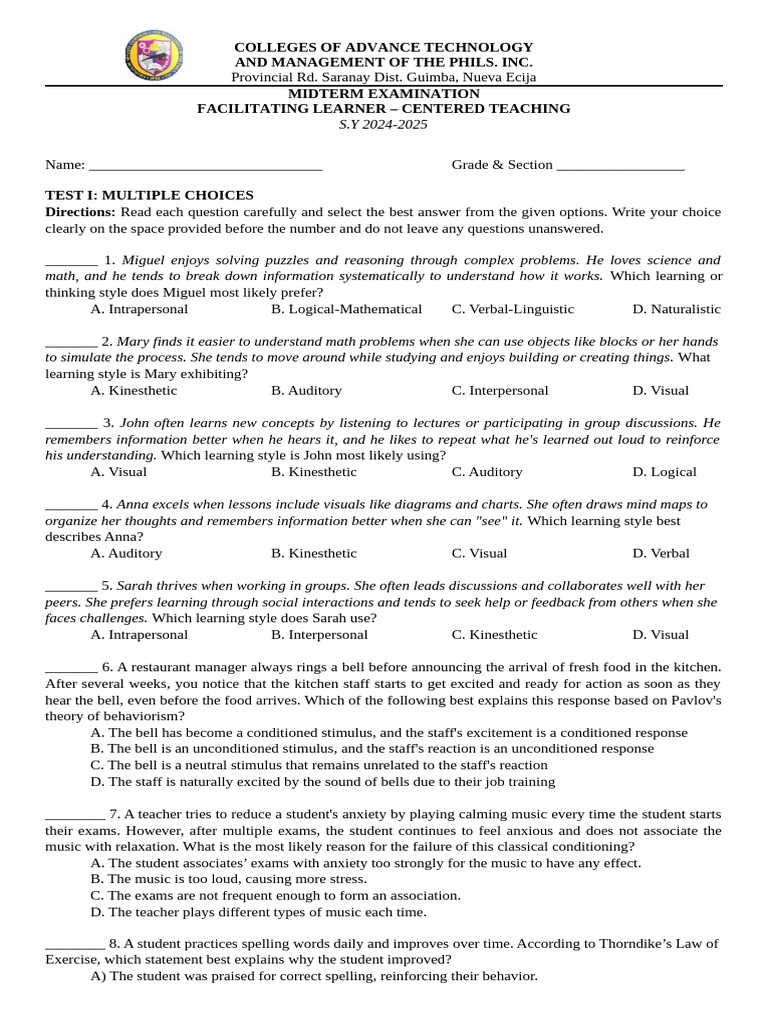 Midterm Exam: Learner-Centered Teaching | PDF | Reinforcement | Learning