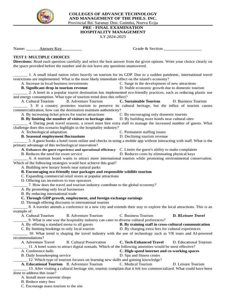 Pre-Final Examination - Hospitality Management | PDF | Tourism ...