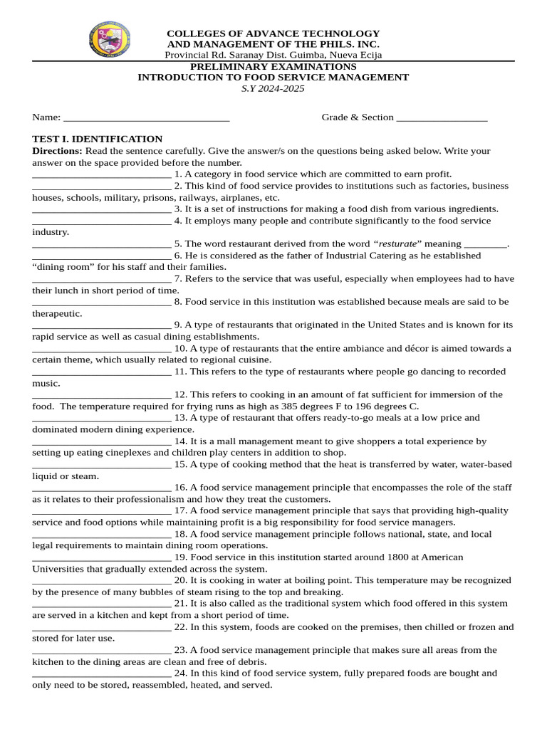 Prelim Exam - Food Service Management | PDF | Restaurants | Foodservice