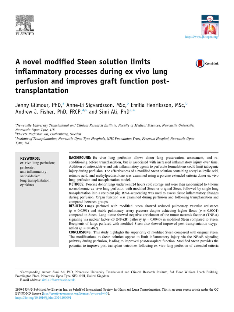 A Novel Modified Steen Solution Limits Inflammatory Processes During Ex Vivo Lung Perfusion and ...