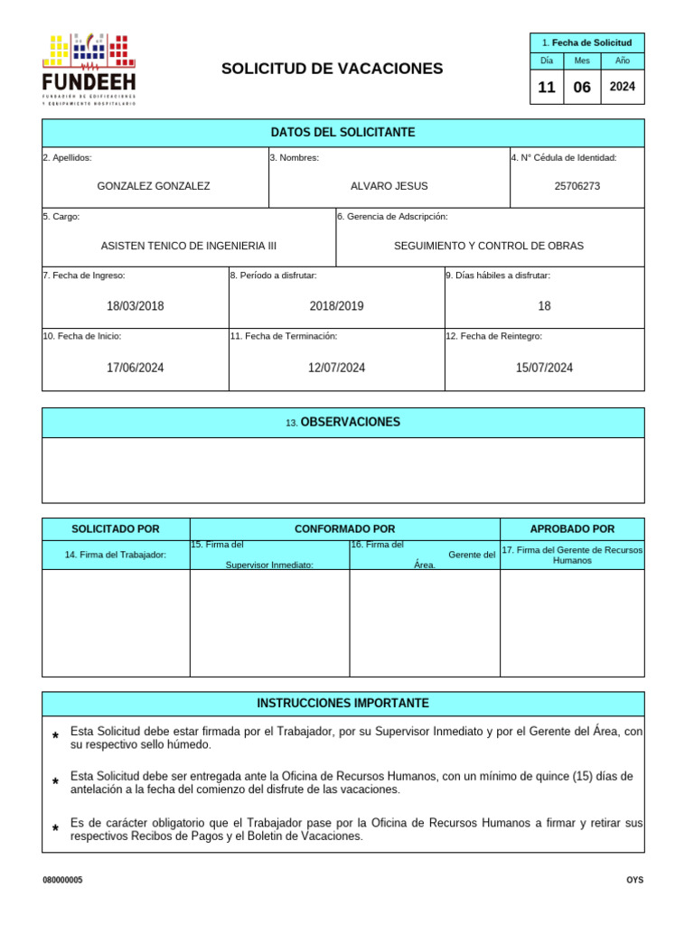 Solic de Vacaciones | PDF