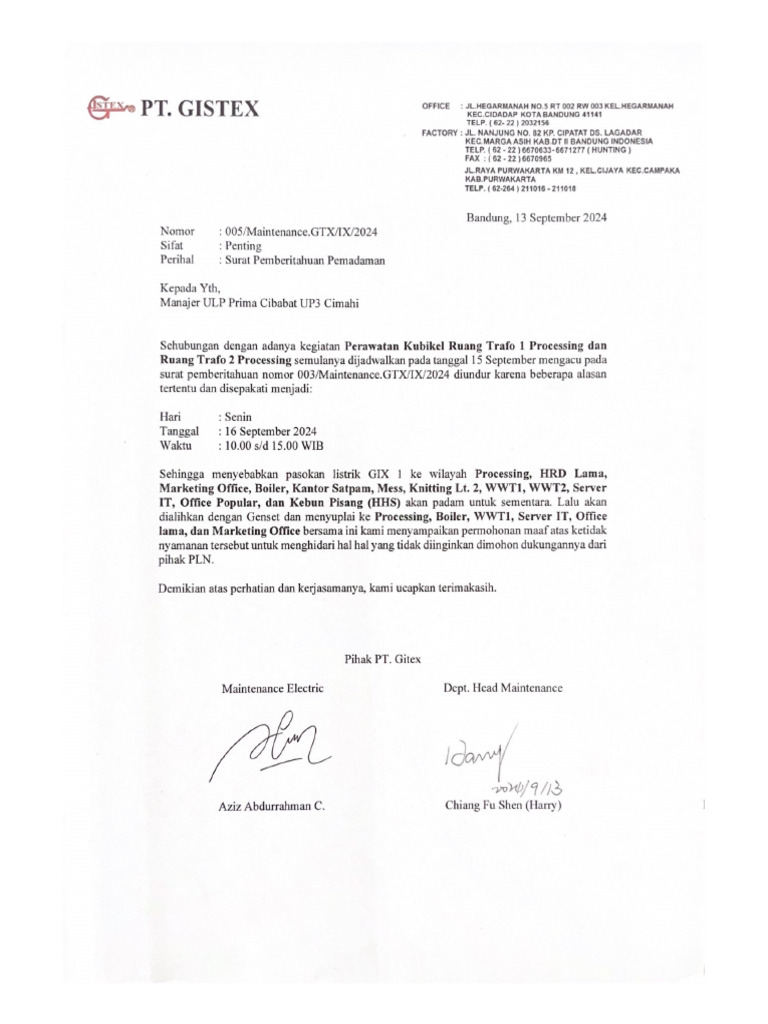 Pemberitahuan Pemadaman (R Trafo 1 Dan 2) | PDF