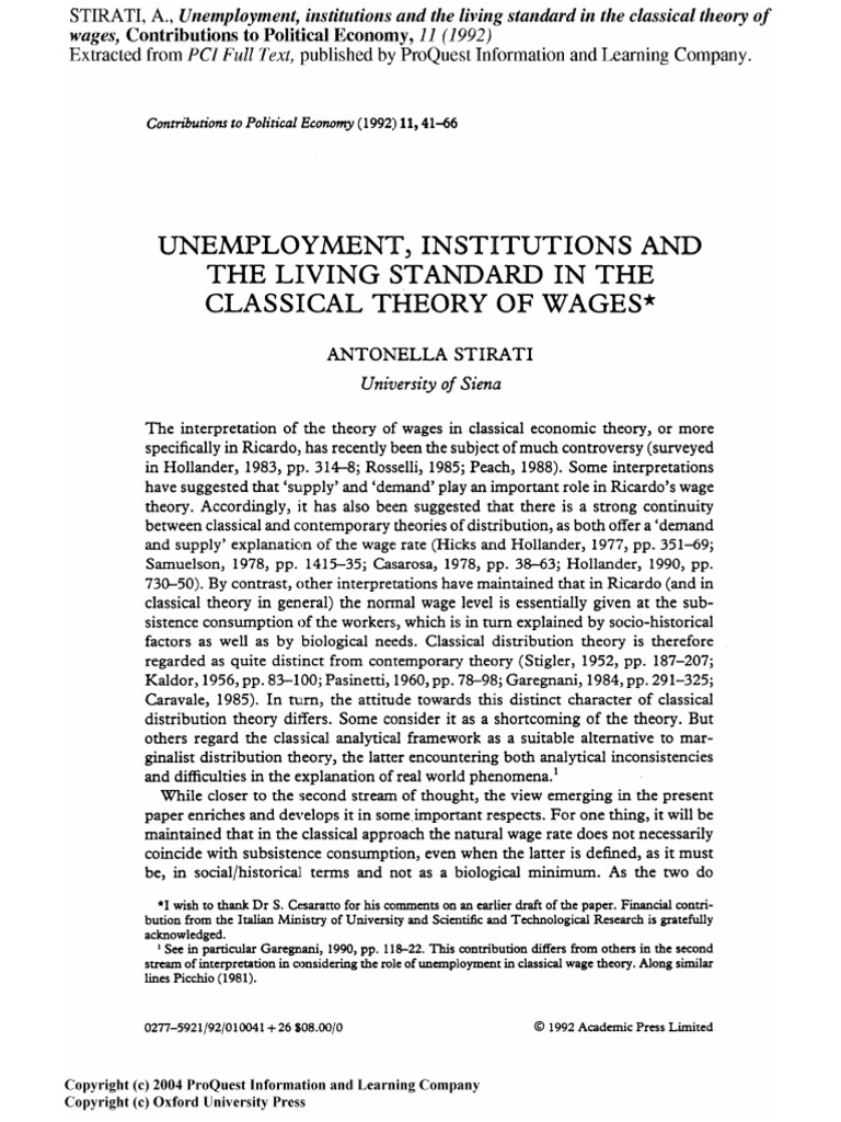 Stirati, Unemployment, Institutions and The Living Standard in The ...