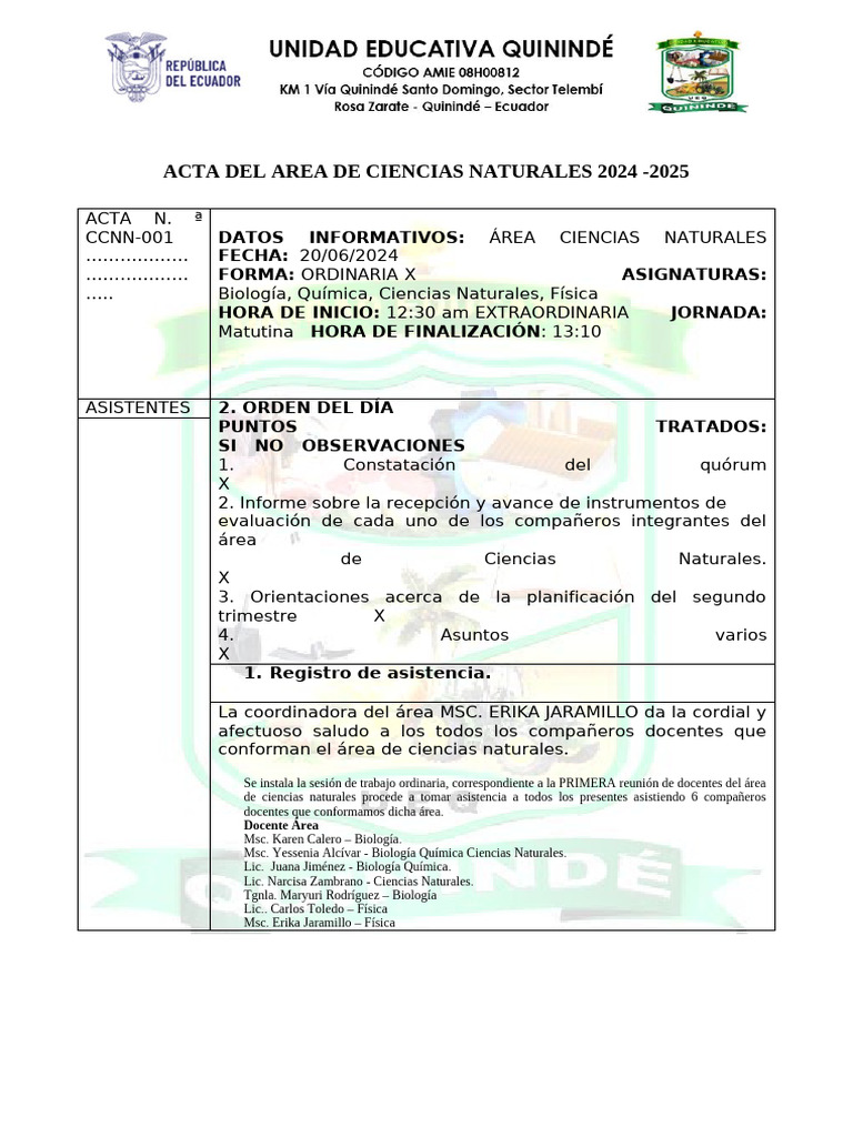 Acta Ueq Area de CCNN-001 2024-2025 | PDF | Ciencia y matemáticas