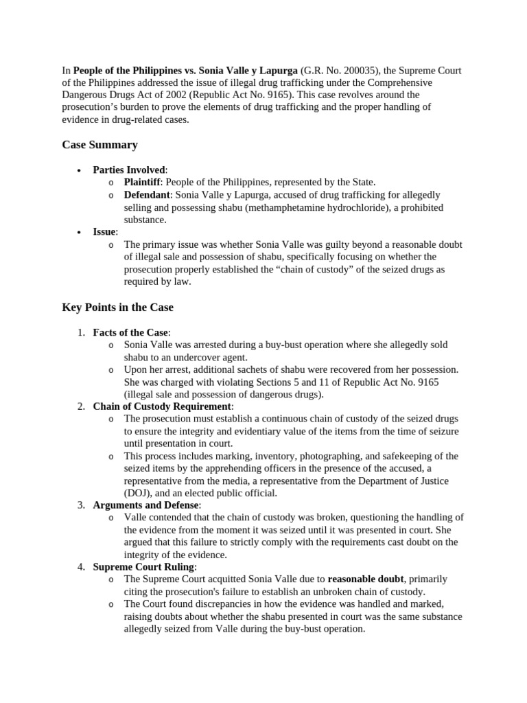 Case Digest - People vs. Sonia Valle y Lapurga | PDF | Acquittal | Arrest