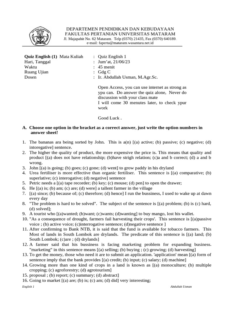 14 Mahmudin Quiz English (1) 210623 | PDF | Agriculture | Food Industry