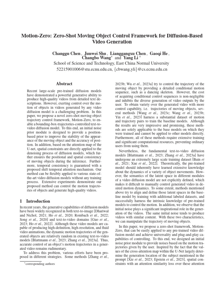 Motion Zero：用于基于扩散的视频生成的零镜头移动对象控制框架 | PDF | Video | Data Compression