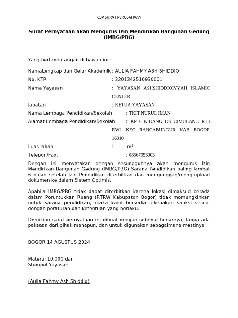 Surat Pernyataan Akan Mengurus IMBG | PDF