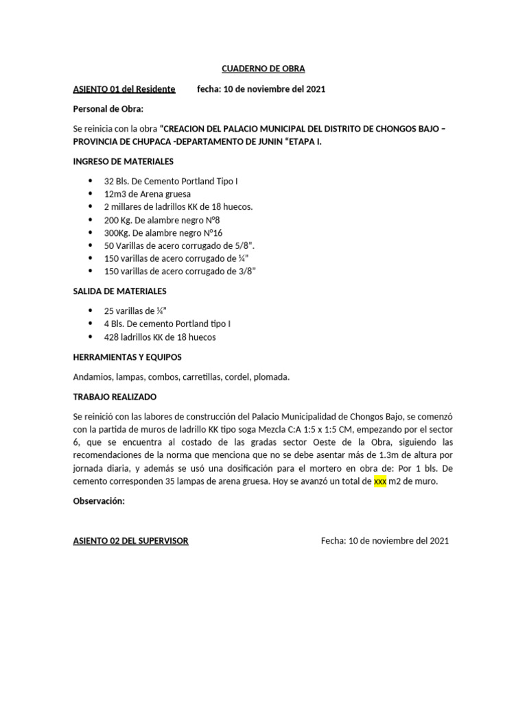 CUADERNO DE OBRA-NOVIEMBRE (BORRADOR) Docx | PDF | Ladrillo | Materiales