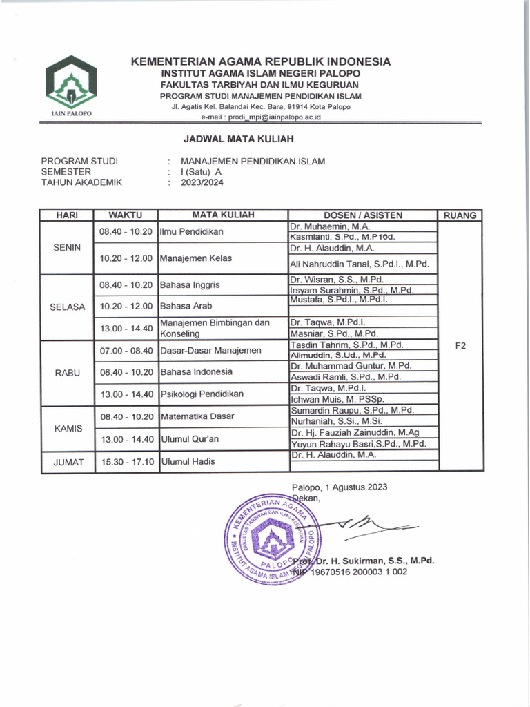 Jadwal Perkuliahan Prodi MPI Semester Ganjil TA 2023-2024 | PDF
