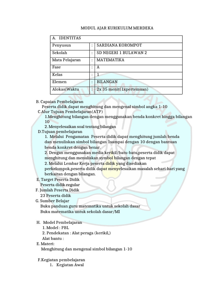 Modul Ajar (1) Matematika Kurikulum Merdeka Kelas 1 SDN 1 Bulawan 2 ...
