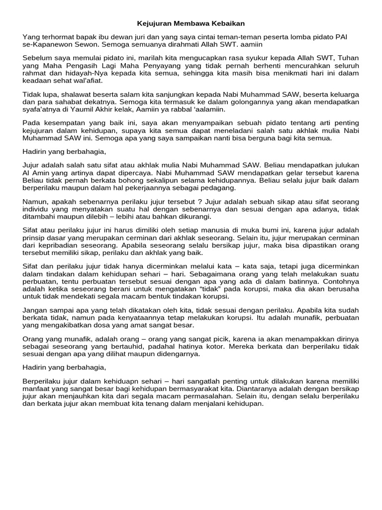 TEKS PIDATO KEJUJURAN Fix | PDF | Karier & Perkembangan | Agama & Spiritualitas