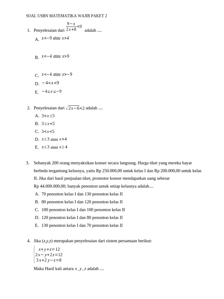Soal Matematika Wajib Paket 2 | PDF