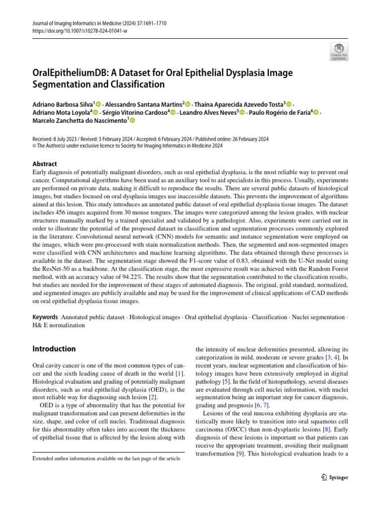OralEpitheliumDB - A Dataset For Oral Epithelial Dysplasia Image Segmentation and Classification ...
