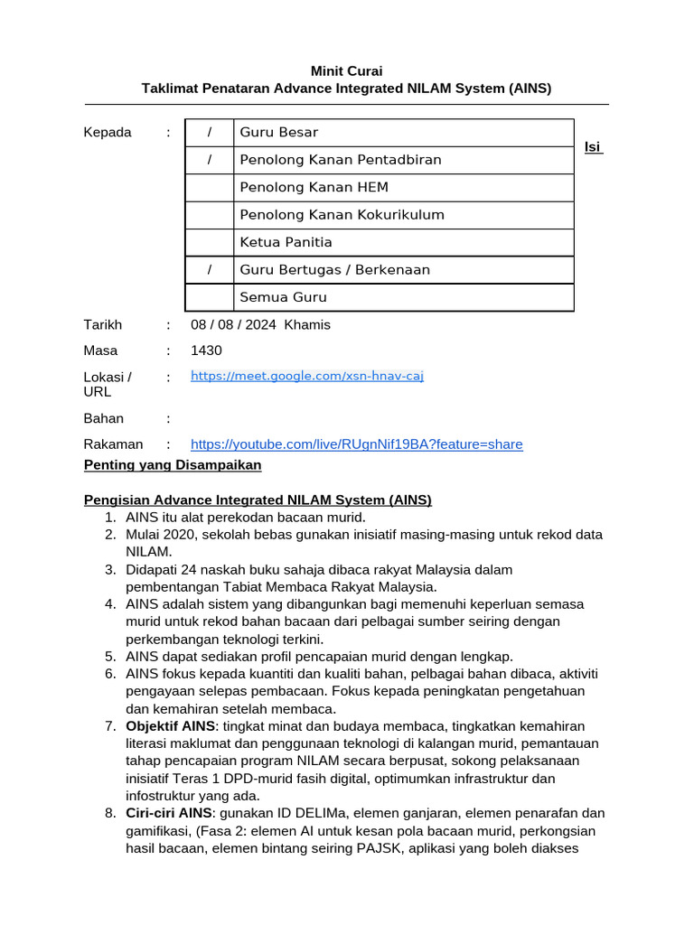 Minit Curai Taklimat Penataran Advance Integrated NILAM System AINS | PDF