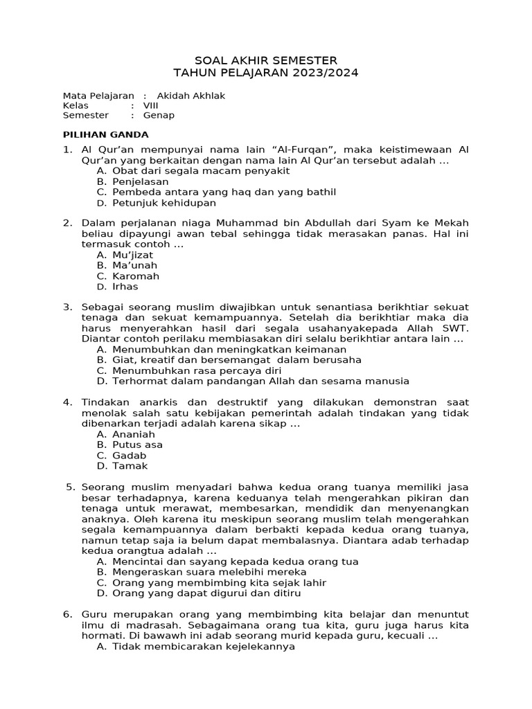 Soal Akidah Akhlak Kelas VIII | PDF